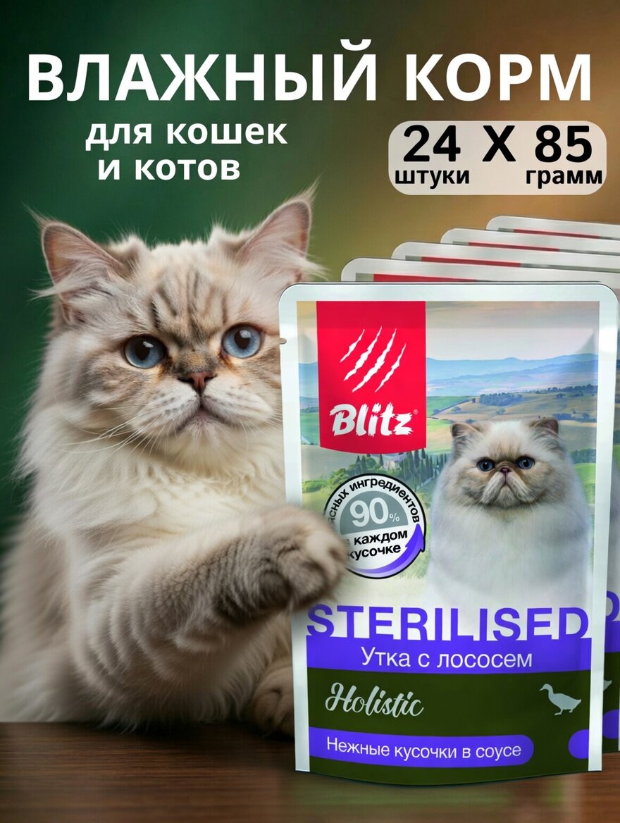 Влажный корм для стерилизованных кошек Blitz Holistic утка с лососем паучи, 85 г х 24 шт