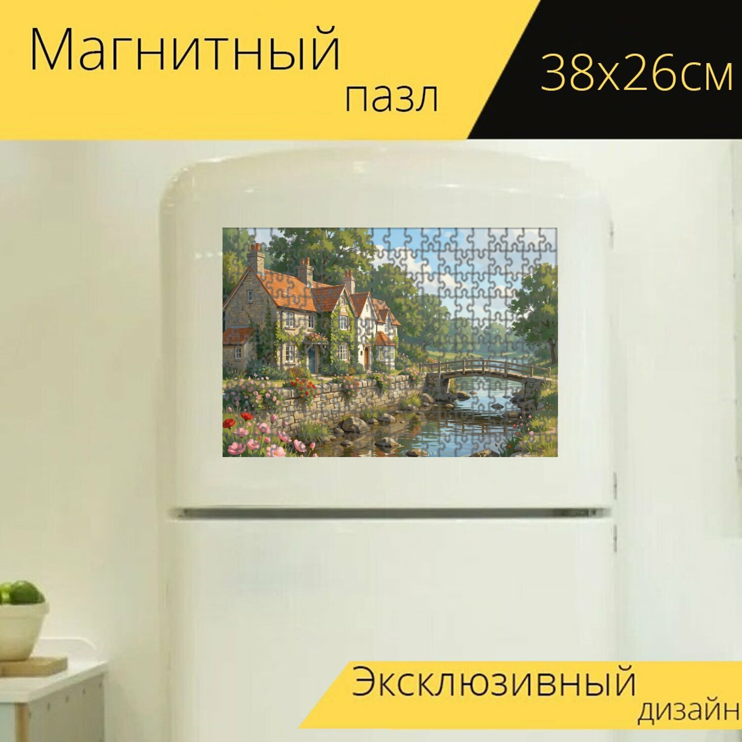 Магнитный пазл "Деревенский домик у речки. Уютный сельский коттедж среди зелёных деревьев, с каменной оградой, цветущим садом и деревянным мостиком через." для интерьера, 38х26 см.