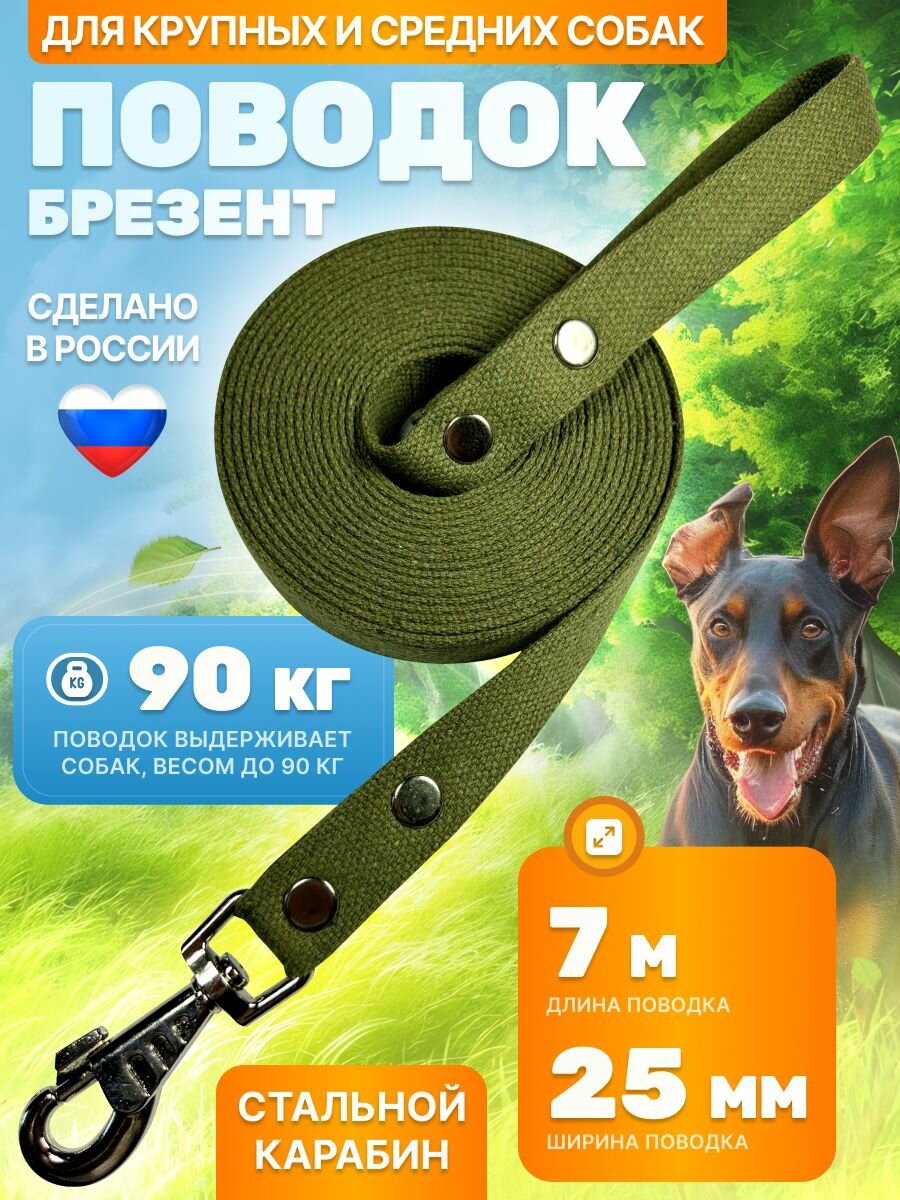 Поводок для собак брезентовый 7 м х 25 мм зеленый