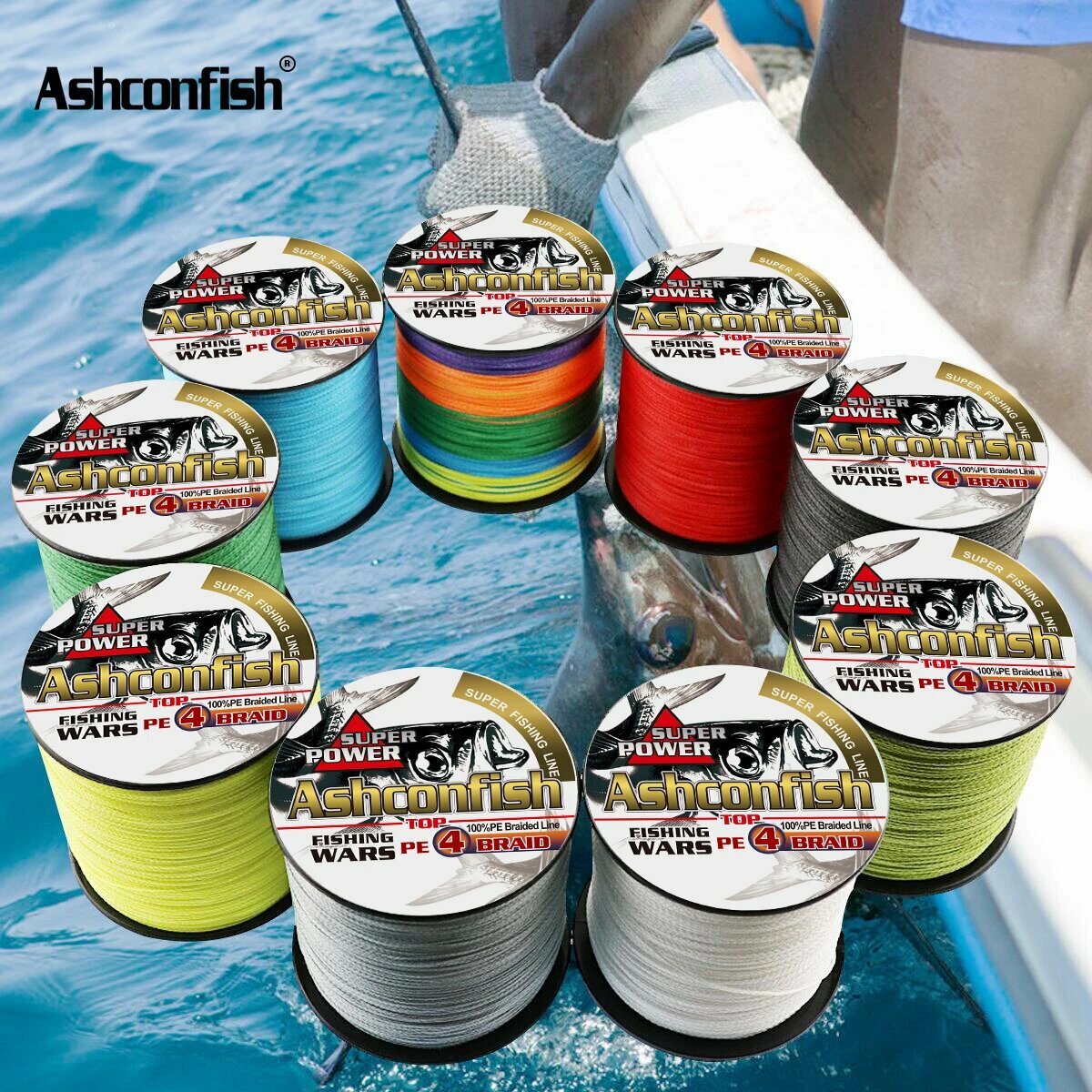 Желтая рыболовная леска Ashconfish 300м, 4 жилы, 300M-0.36mm-50LB