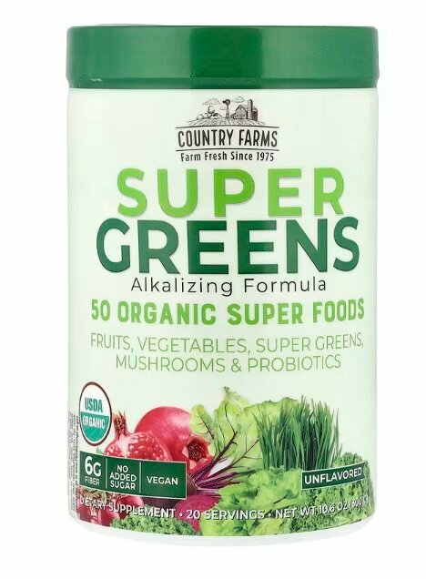 Country Farms, Super Greens, подщелачивающая формула, без добавок, 300 г
