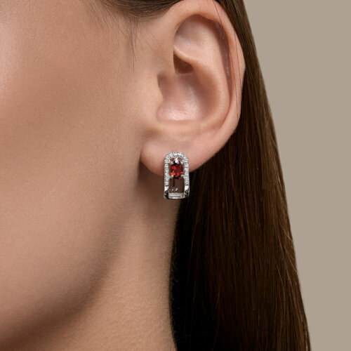Серьги The Jeweller, серебро, 925 проба, родирование, фианит, гранат, длина 1.6 см, , красный — фото 1
