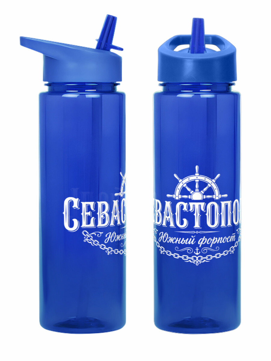 Бутылка синяя для воды с принтом Севастополь - Южный форпост