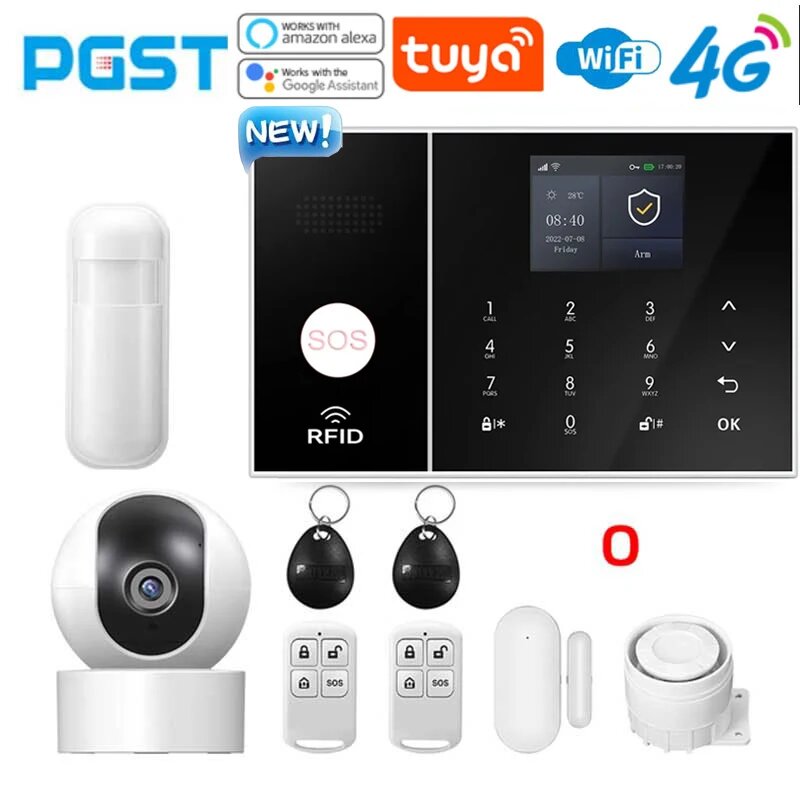 Система беспроводной охраны дома PGST New108 4G Tuya с датчиком движения, сиреной, WiFi, GSM-сигнализацией, совместимая с Alexa и Google Alarm Kit-O