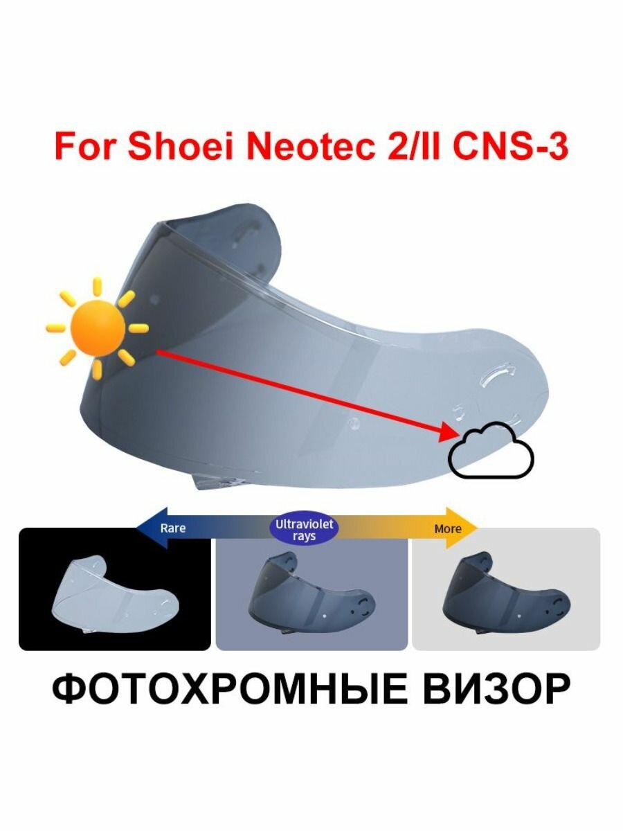 Фотохромный визор для шлема Shoei Neotec 2/II CNS-3 Airframe — затемняющаяся линза UV, запчасть для мотошлема, к свету