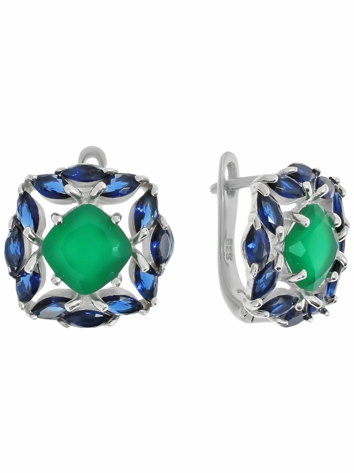 Серьги, серебро, 925 проба, родирование, хризопраз, сапфир синтетический, сапфир