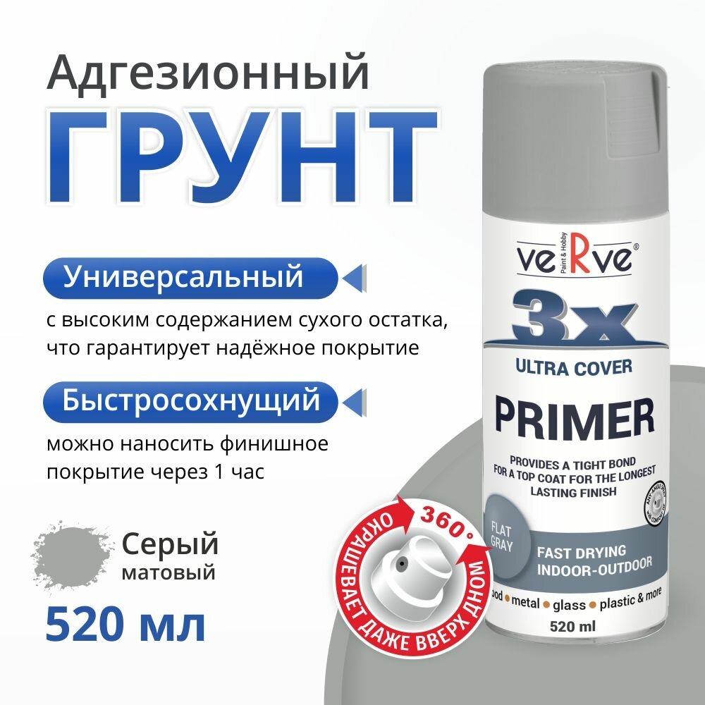 Аэрозольный грунт, универсальная грунтовка, акриловая, серый, 520 мл
