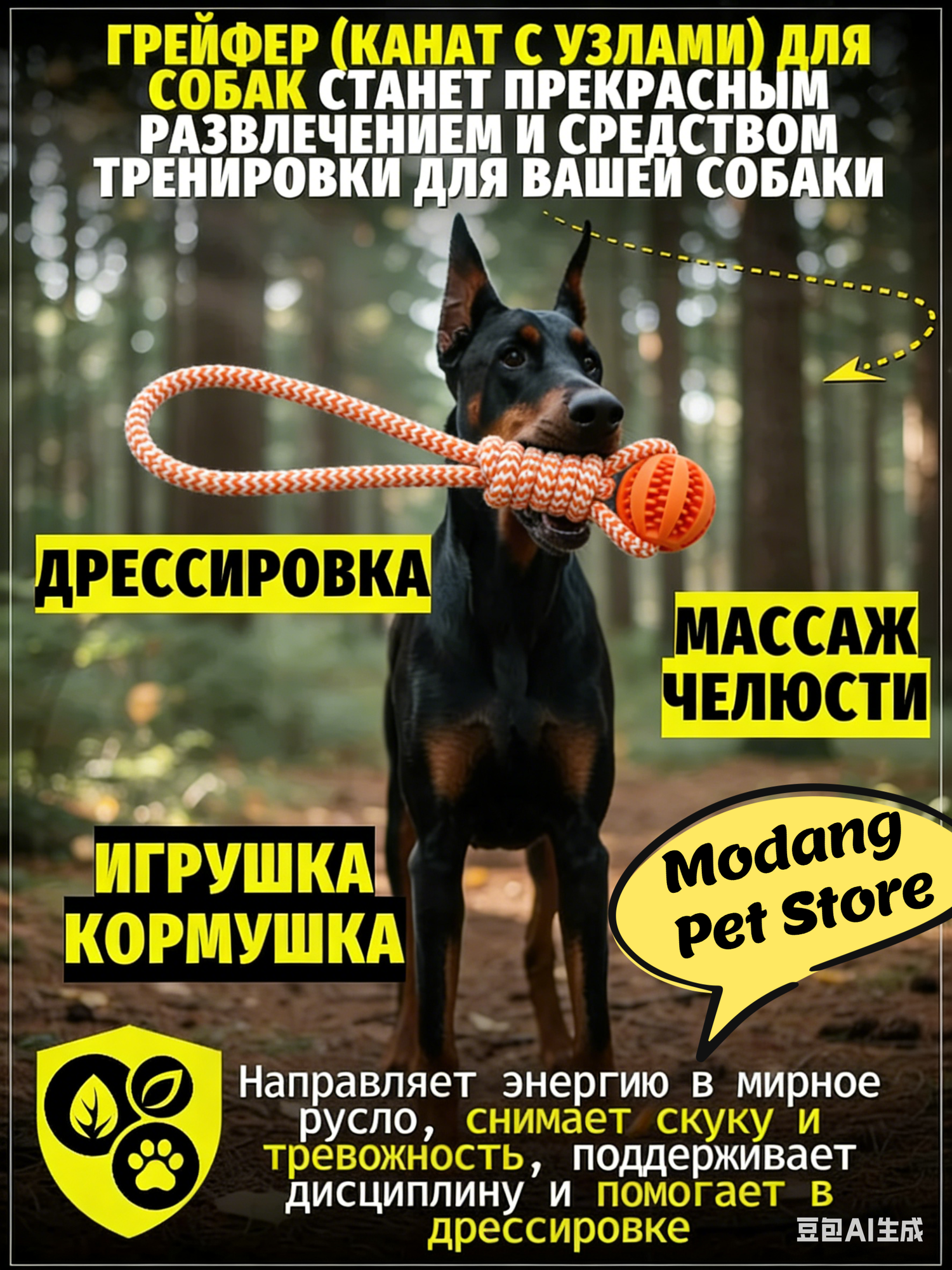 Игрушка для собак мяч с канатом и отсеком под лакомство, жевательная, для дрессировки и самостоятельной игры