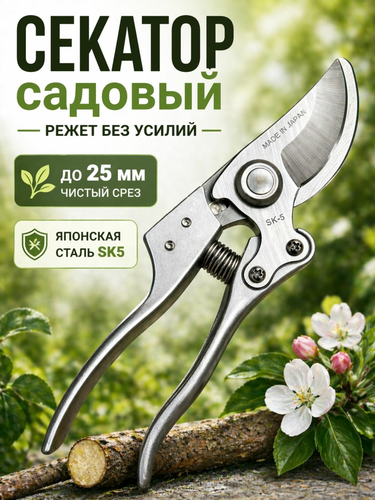 Секатор садовый для дачи и сада, секатор-ножницы для обрезки кустов, деревьев и цветов, лезвия из японской стали SK-5, ветки до 25 мм