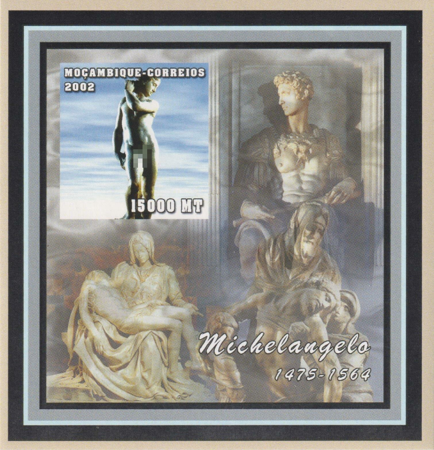 Почтовые марки Мозамбик 2002г. "Скульптура Микеланджело - Аполлон-Давид" Статуи, Искусство MNH