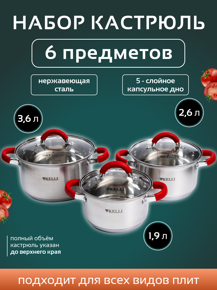 Набор кастрюль KELLI, нержавеющая сталь, капсульное дно, 1.9/2.6/3.6 л 3 шт