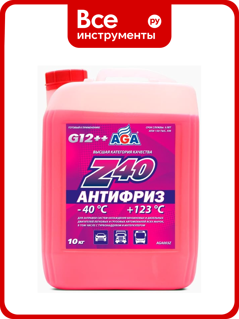 Антифриз AGA готовый к применению, красный, G12++ на основе моноэтиленгликоля, универсальный автомобильный тип