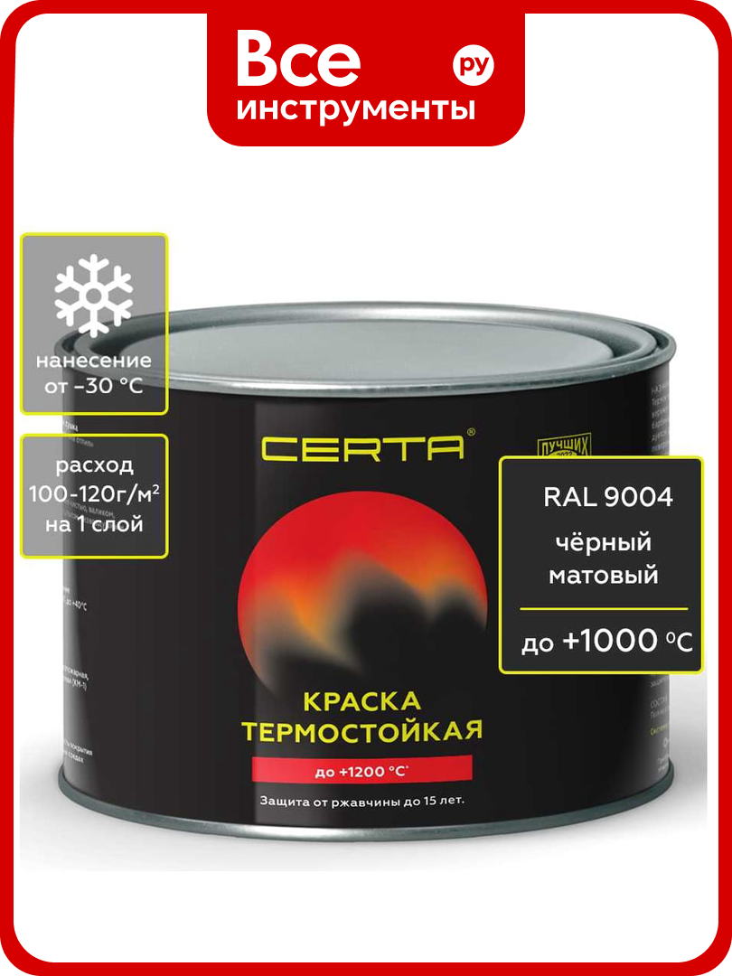 Краска термостойкая Certa антикоррозионная до 1000 С черный матовый RAL 9004 0,4кг CPR00103
