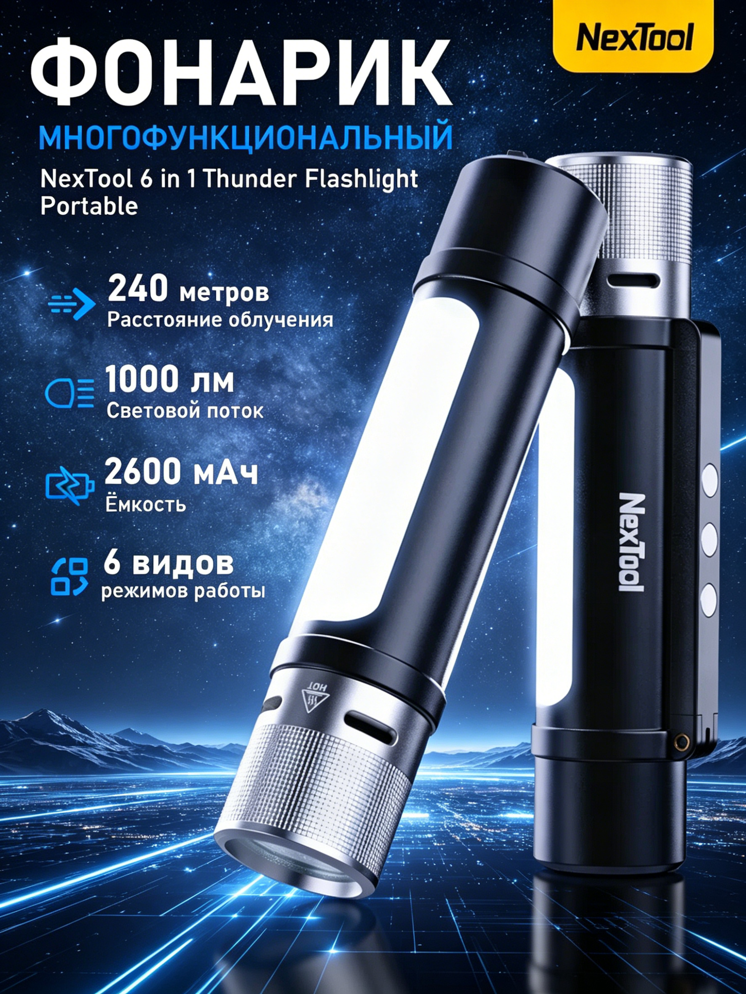 Фонарь ручной Xiaomi NexTool "Natuo", 6 функций, питание от аккумулятора, черный