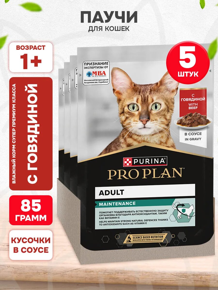 Корм влажный Pro Plan Maintenance для взрослых кошек, говядина в соусе, 85 г 5 шт