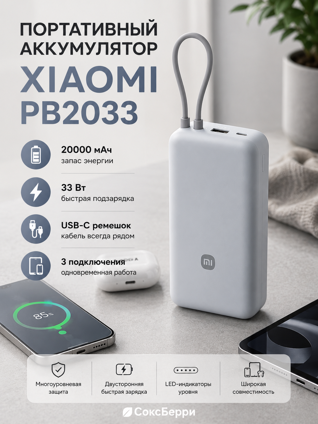 Внешний аккумулятор Xiaomi PowerBank Comes With Cable PB2033, 20000mAh, 33Вт, 74Втч