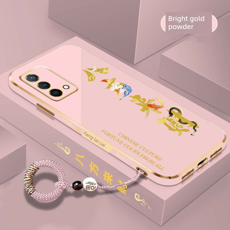 Чехол для OPPO K9 Pro с электропокрытием из силикона - Розовый с защитным стеклом и шнуром