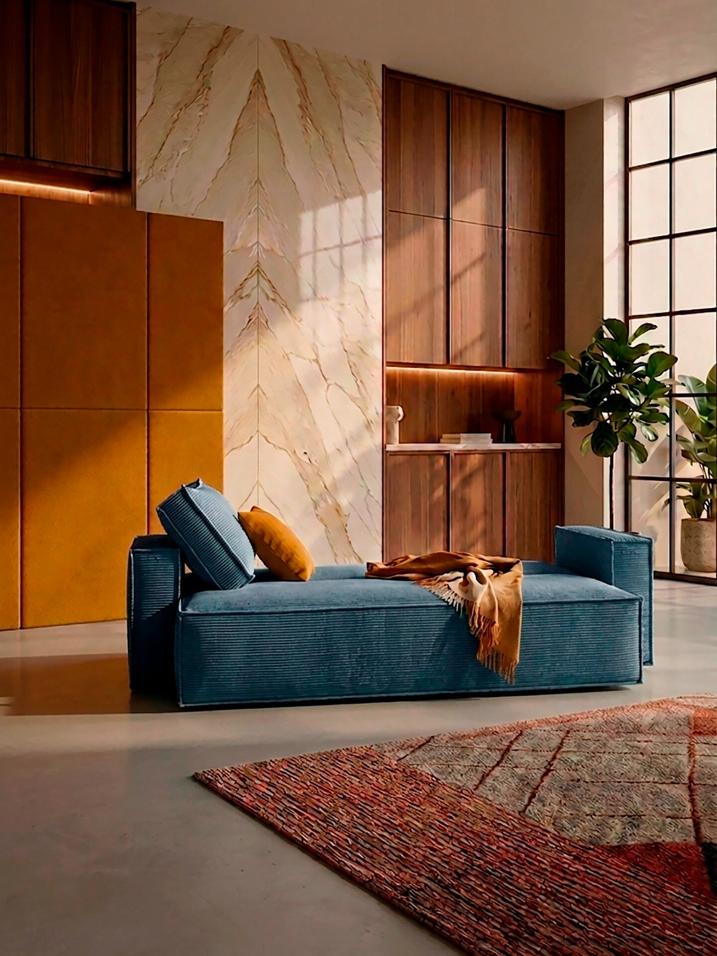 Диван Софт 3 Cilium Indigo NOW 240x94x80 см, синий Вельвет, еврокнижка Фиеста — фото 1