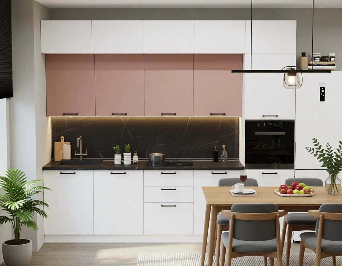 Кухонный гарнитур Аликанте, 300 см (арт. 27), шарли белый / шарли pink