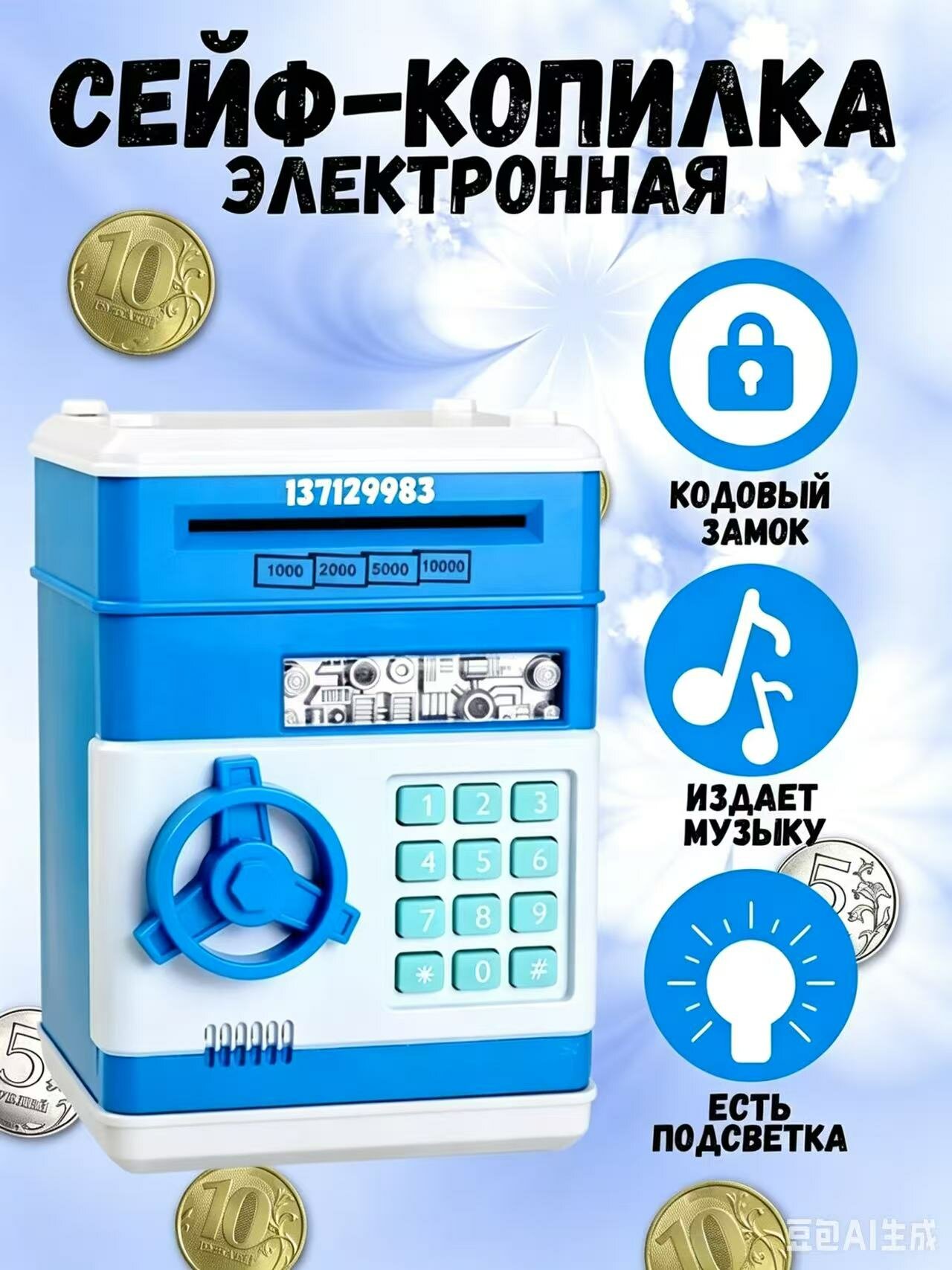 Копилка-сейф "Голубая", сенсорное управление, с музыкой и светом, 13х20см