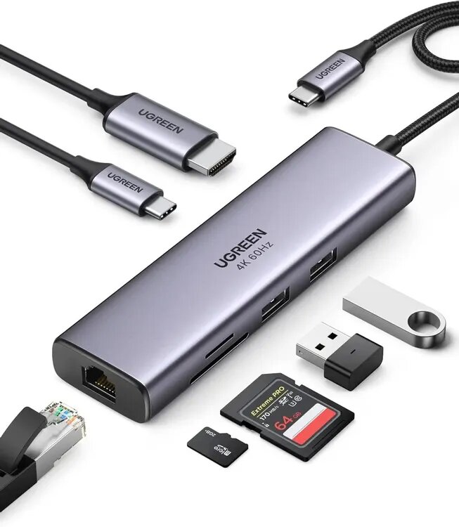 Хаб UGreen "CM512", серый, с HDMI и USB Type-C, длина кабеля 0,2 метра — фото 1