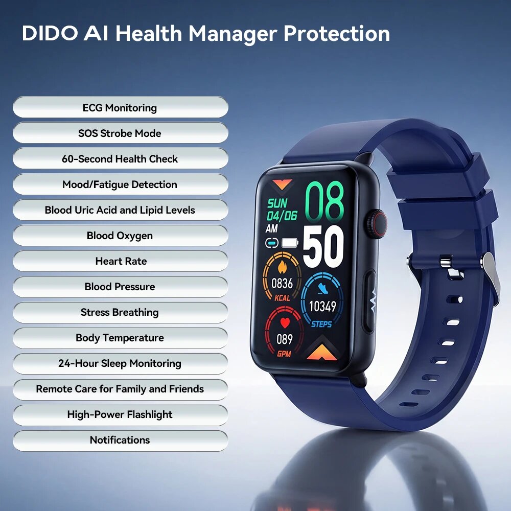 Умные Часы Dido AI R50 Pro С ИИ-монитором ЭКГ, Уровня Кислорода В Крови И Частоты Синий, Blue