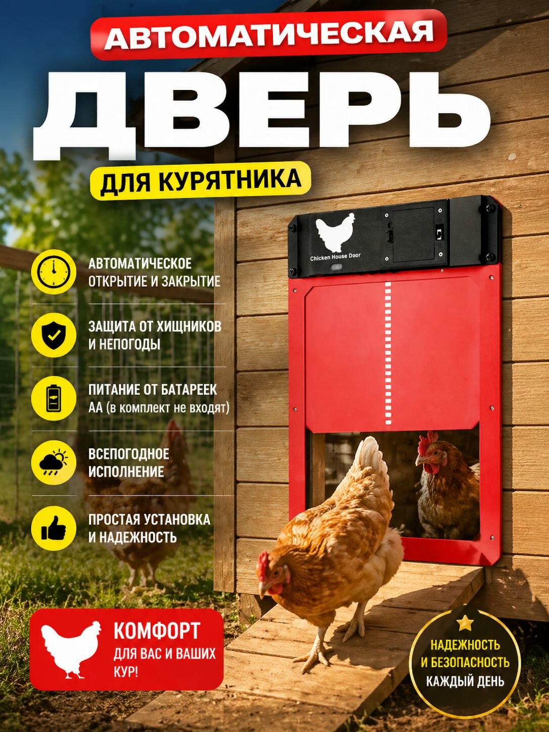 Автоматическая дверь для курятника с датчиком освещенности/ Водонепроницаемые электрические ворота для домашней птицы IPX3 для фермы