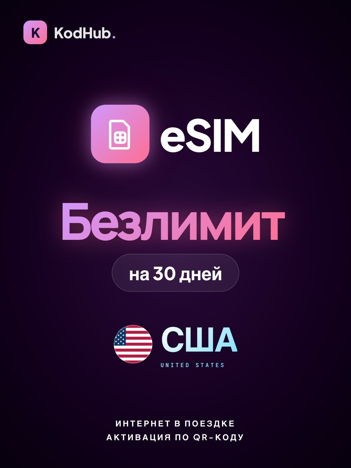 Туристическая eSIM США безлимит на 30 дней | интернет в поездке, связь за границей | QR-код активации