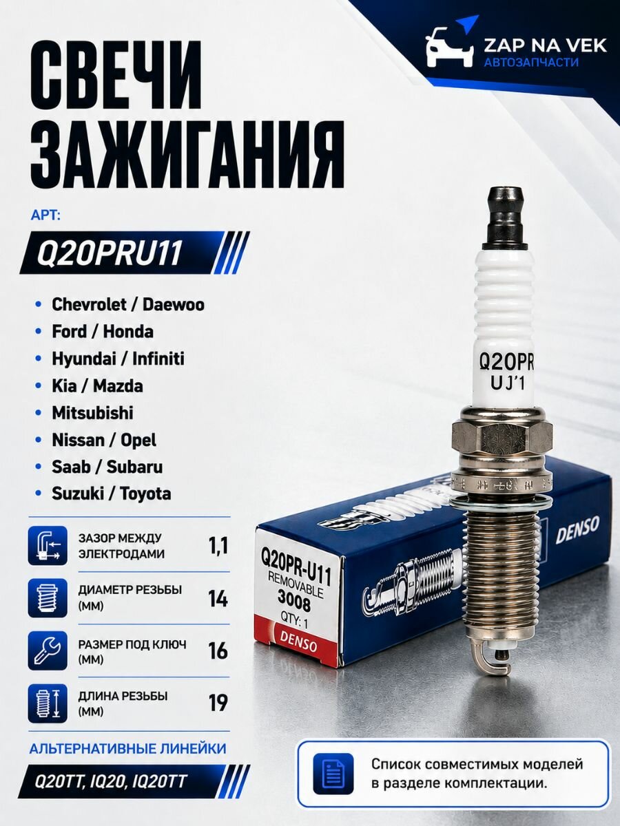 Свеча зажигания 1шт Denso арт. Q20PRU11 21100-2103, Гранта, калина, Приора, Chevrolet/Daewoo Ford/Honda Hyundai/Infiniti Kia/Mazda