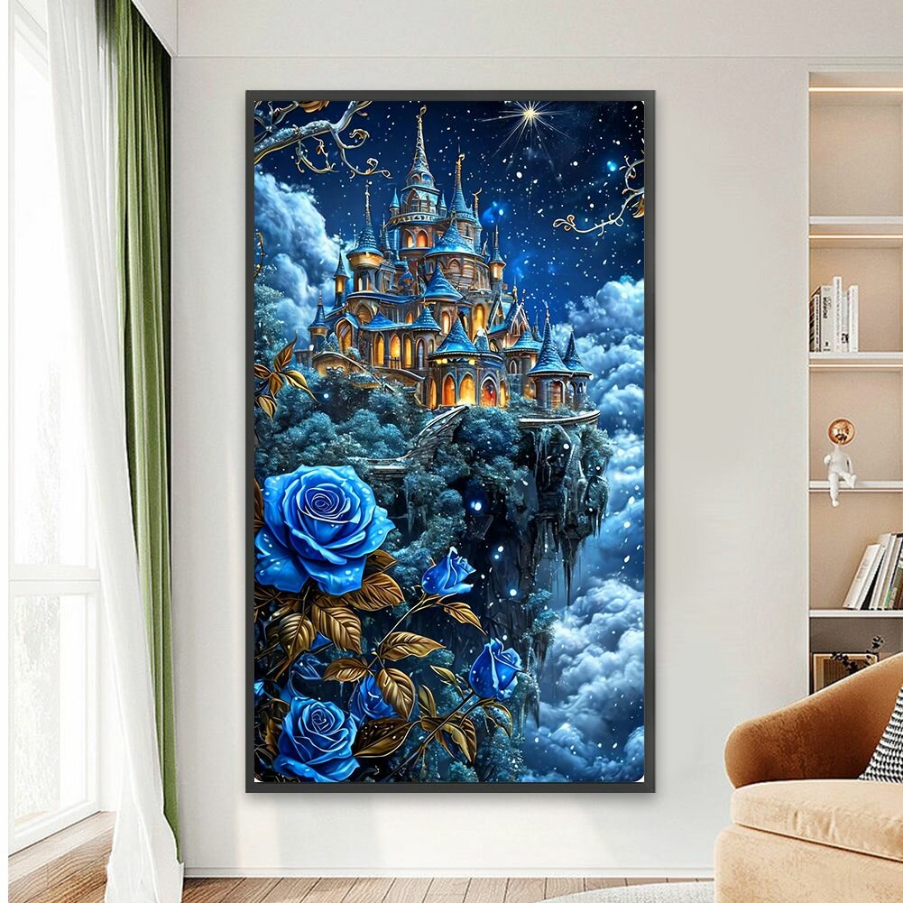 Алмазная картина с замком и синей розой, пейзажная серия 40x70 см