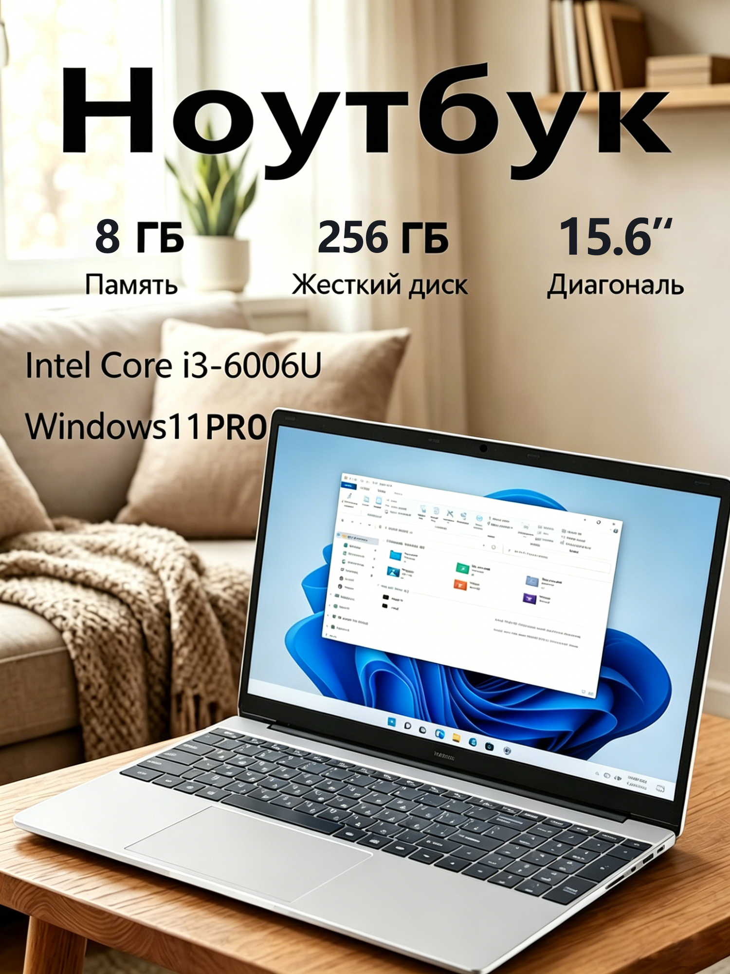 Ноутбук N156-6 для дома, | Intel Core i3-6006U| Full HD 1080P | Windows 11 Pro