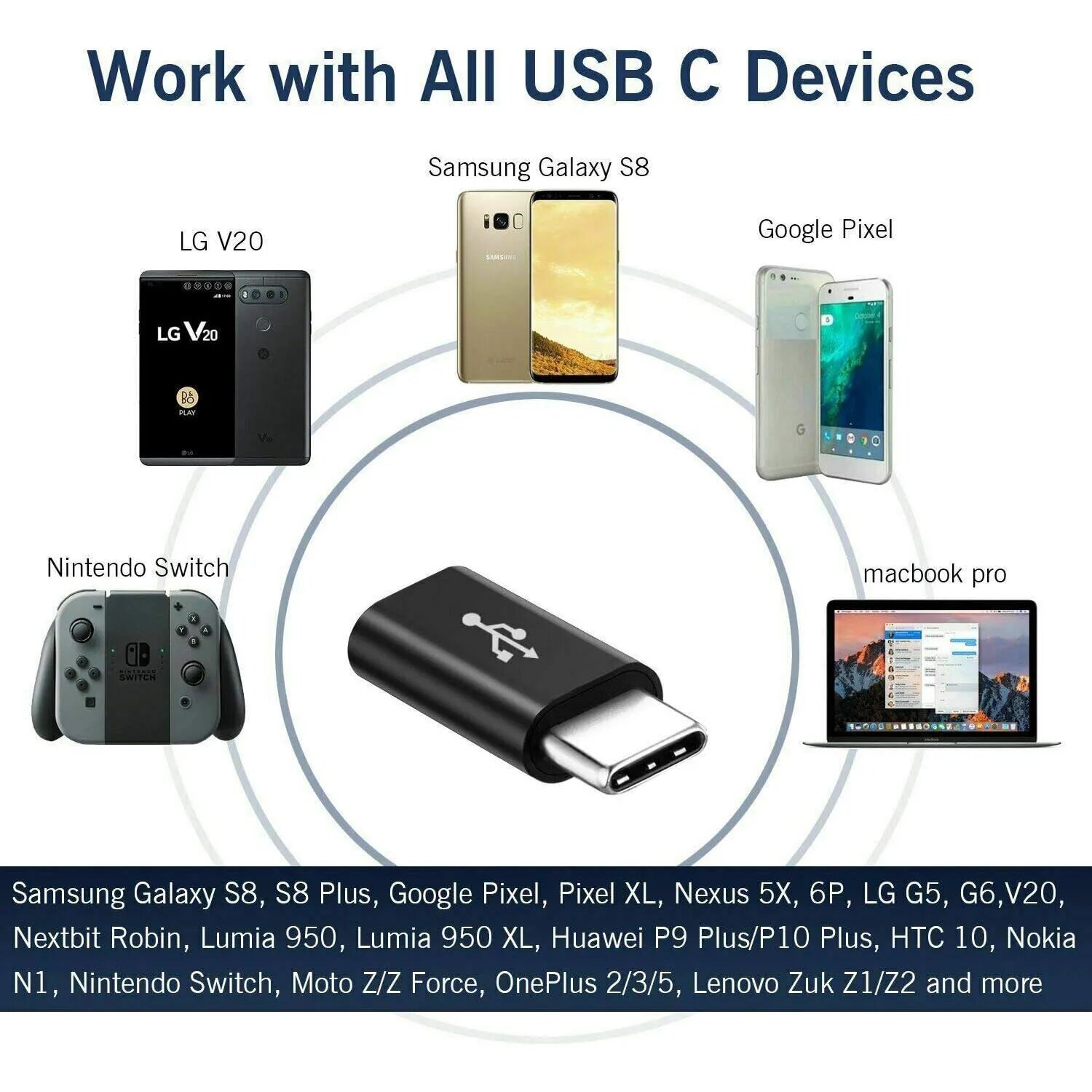 Комплект Адаптеров USB-C На USB 3.0 OTG, Micro USB На USB-C, Совместим С MacBook Pro, black8Pcs — фото 1