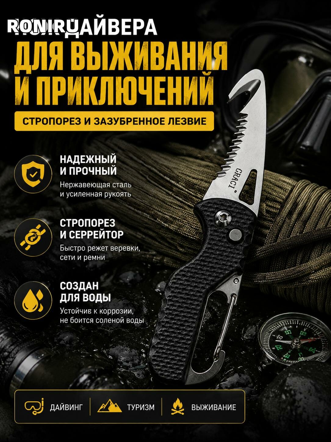 Нож дайвера с стропорезом и зазубренным лезвием — складной для выживания, подводного плавания и активного отдыха