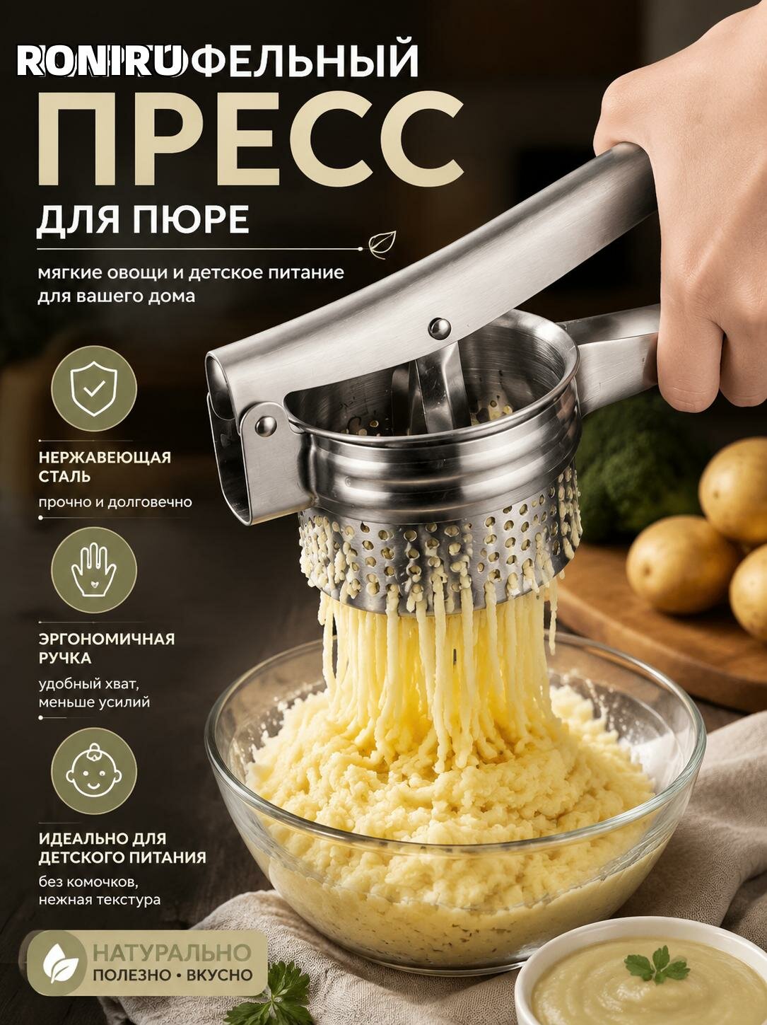 Картофельный пресс для пюре с эргономичной ручкой из нержавеющей стали — для мягких овощей и детского питания дома