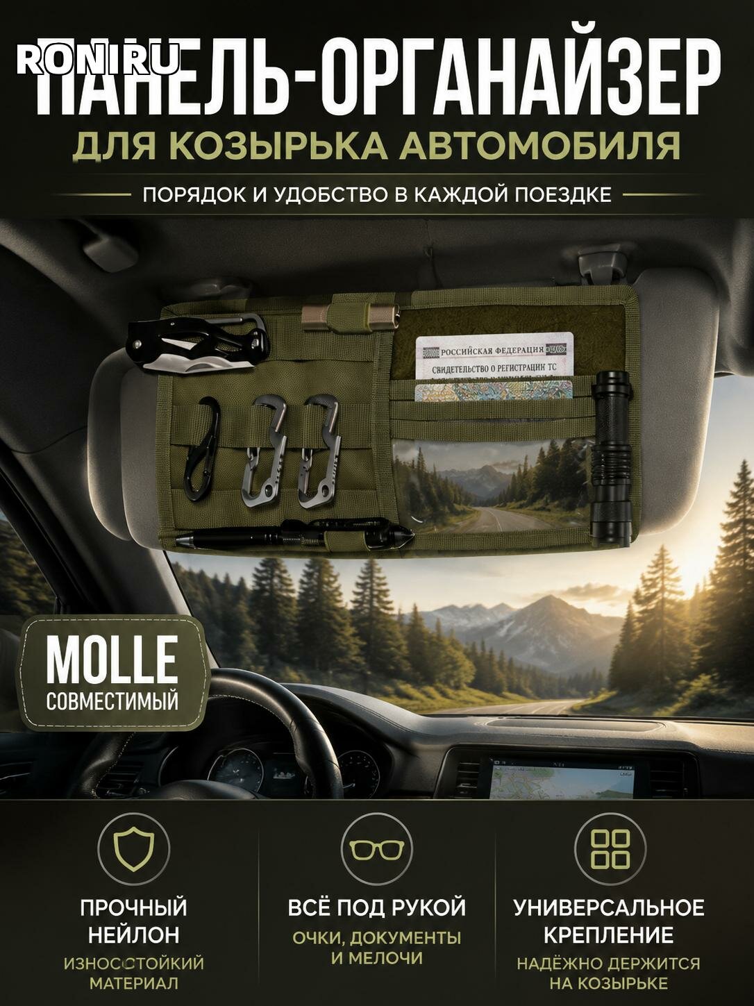 Панель-органайзер для автомобильного солнцезащитного козырька, MOLLE-совместимая нейлоновая система хранения для очков, документов и мелких аксессуаров