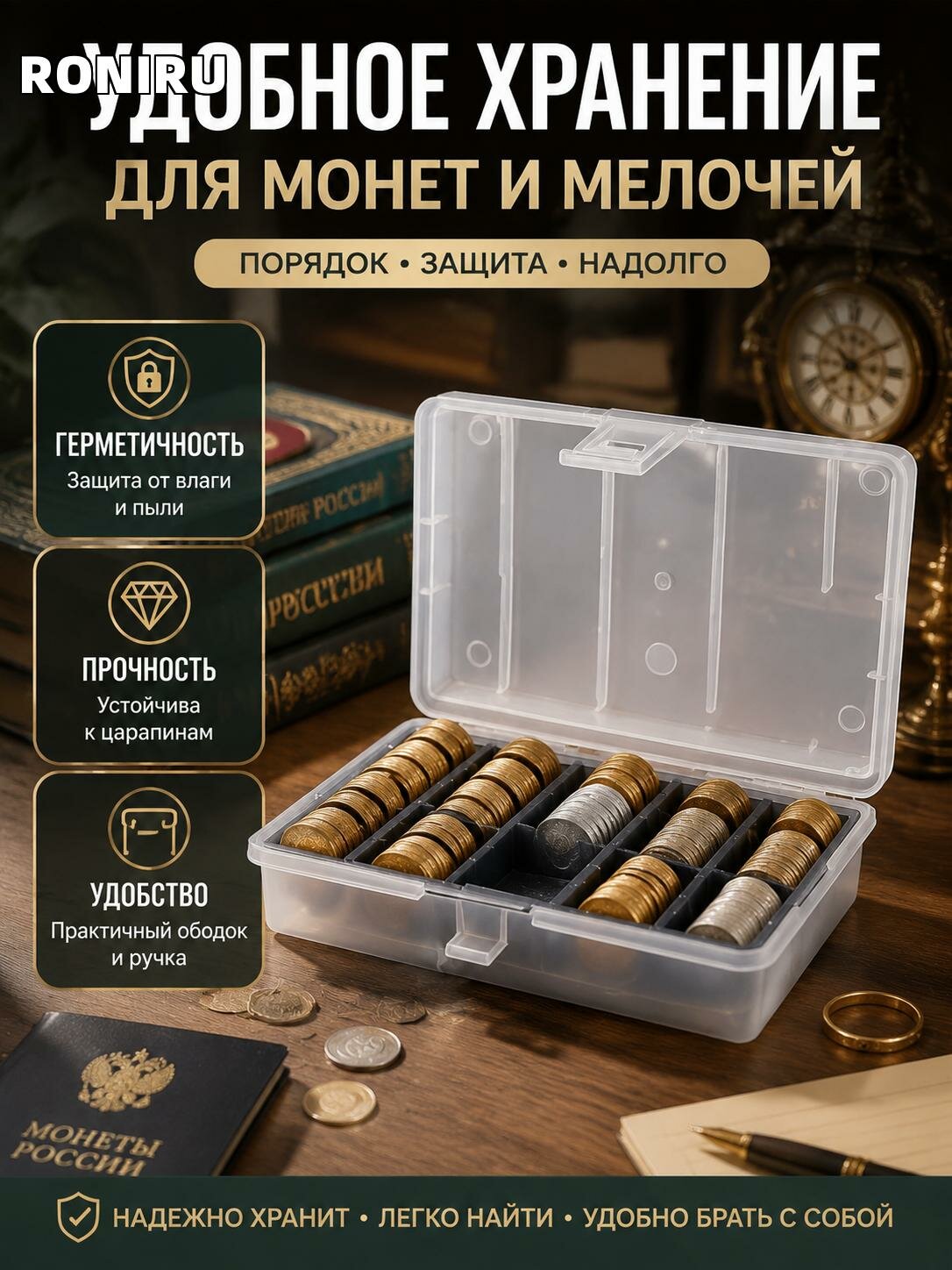 Коробка для мелочи, прозрачная пластиковая многоразовая емкость с герметичностью для хранения монет и защиты, устойчивая к царапинам с практичным ободом ручки