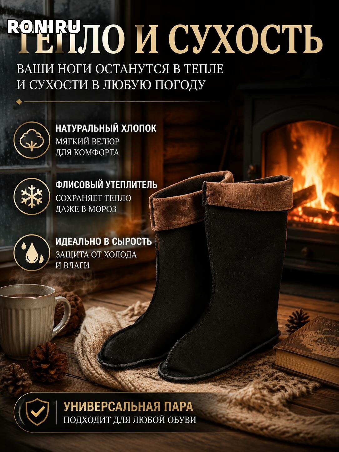 Мягкие велюровые вкладыши из хлопка для сапог, утеплённые флисовым утеплителем для дождливой и зимней погоды, универсальная черная пара