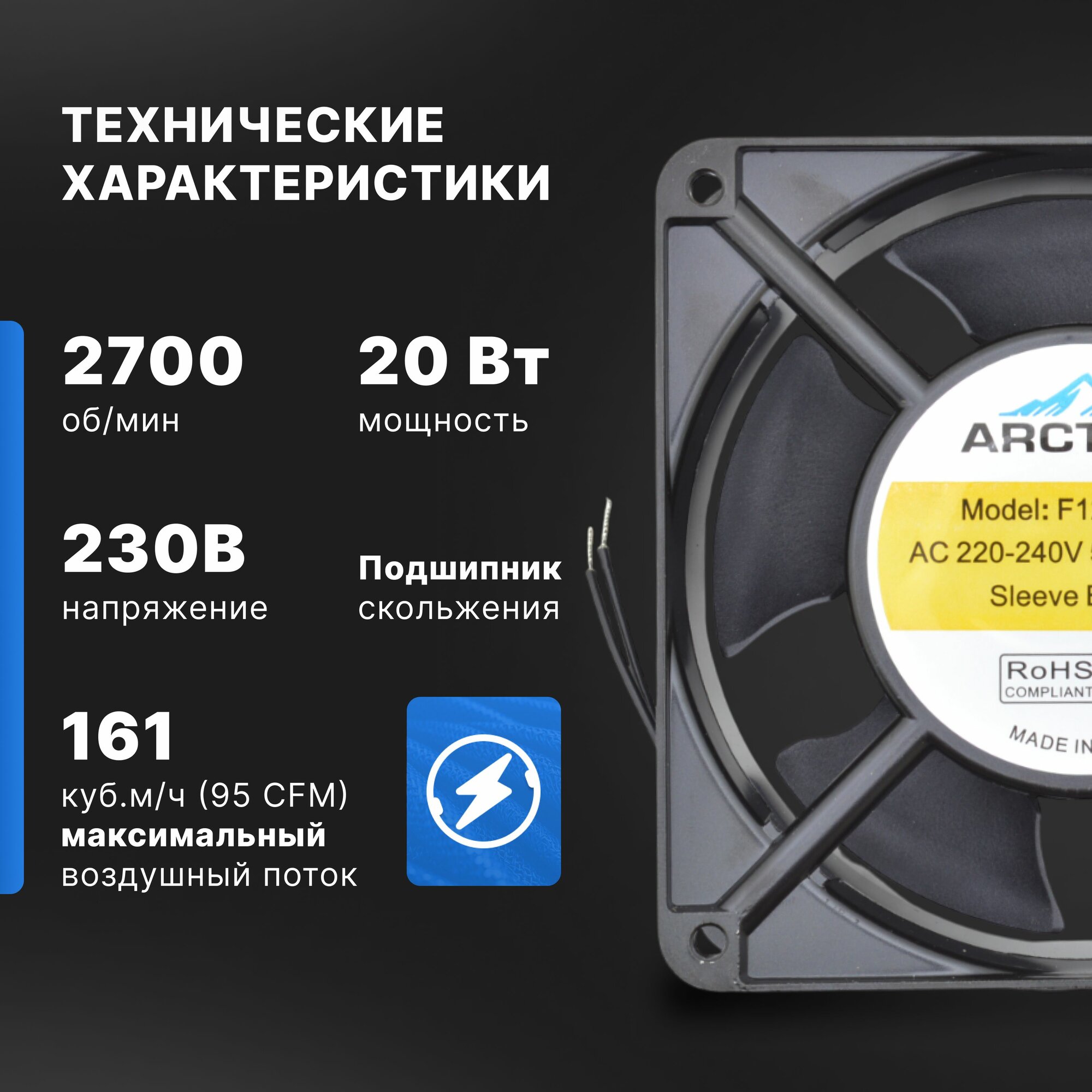 Вентилятор осевой F1238SXAL 120x120x38 мм, 230 В AC, подшипник скольжения, 44 дБА, 2 провода 300мм, упаковка 40 шт.