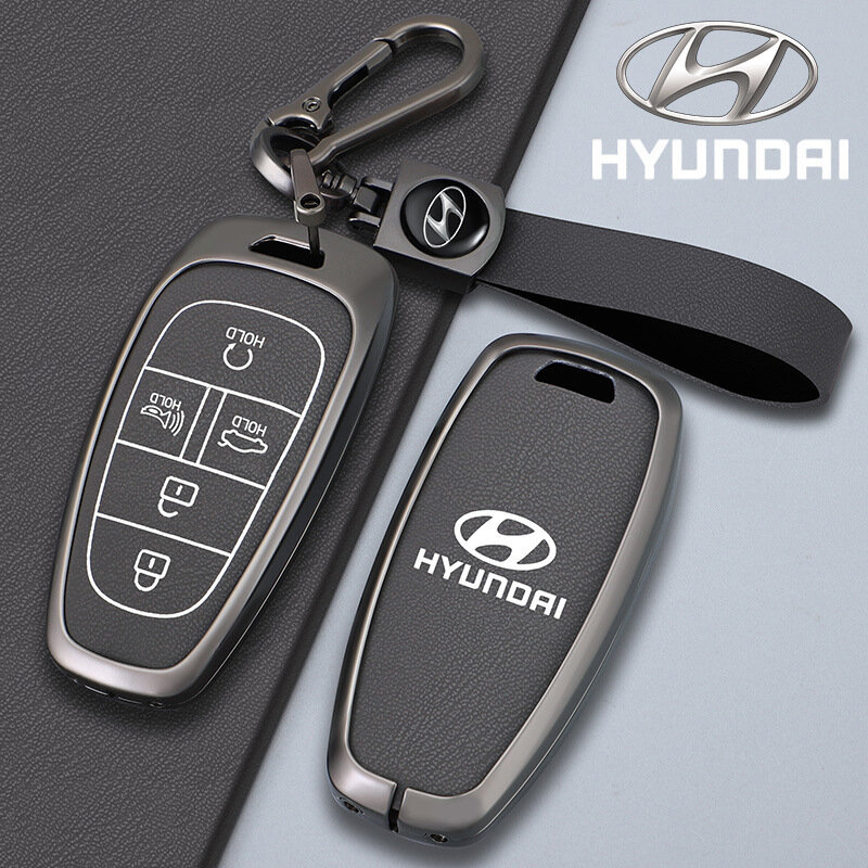 Чехол для ключа автомобиля Hyundai Tucson L 4-кнопочный для гудка ледяной синий с запястным ремешком из премиум-сплава