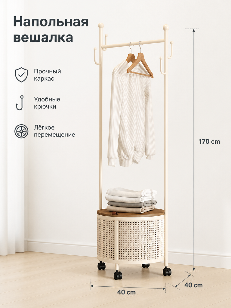 Напольная вешалка с корзиной из ротанга и деревянной крышкой, молочно-белая, круглая, 40×170 см