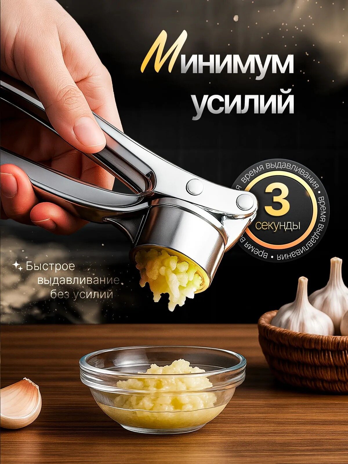 Чеснокодавилка ручная, пресс для чеснока из нержавеющей стали, кухонный измельчитель чеснока — фото 1