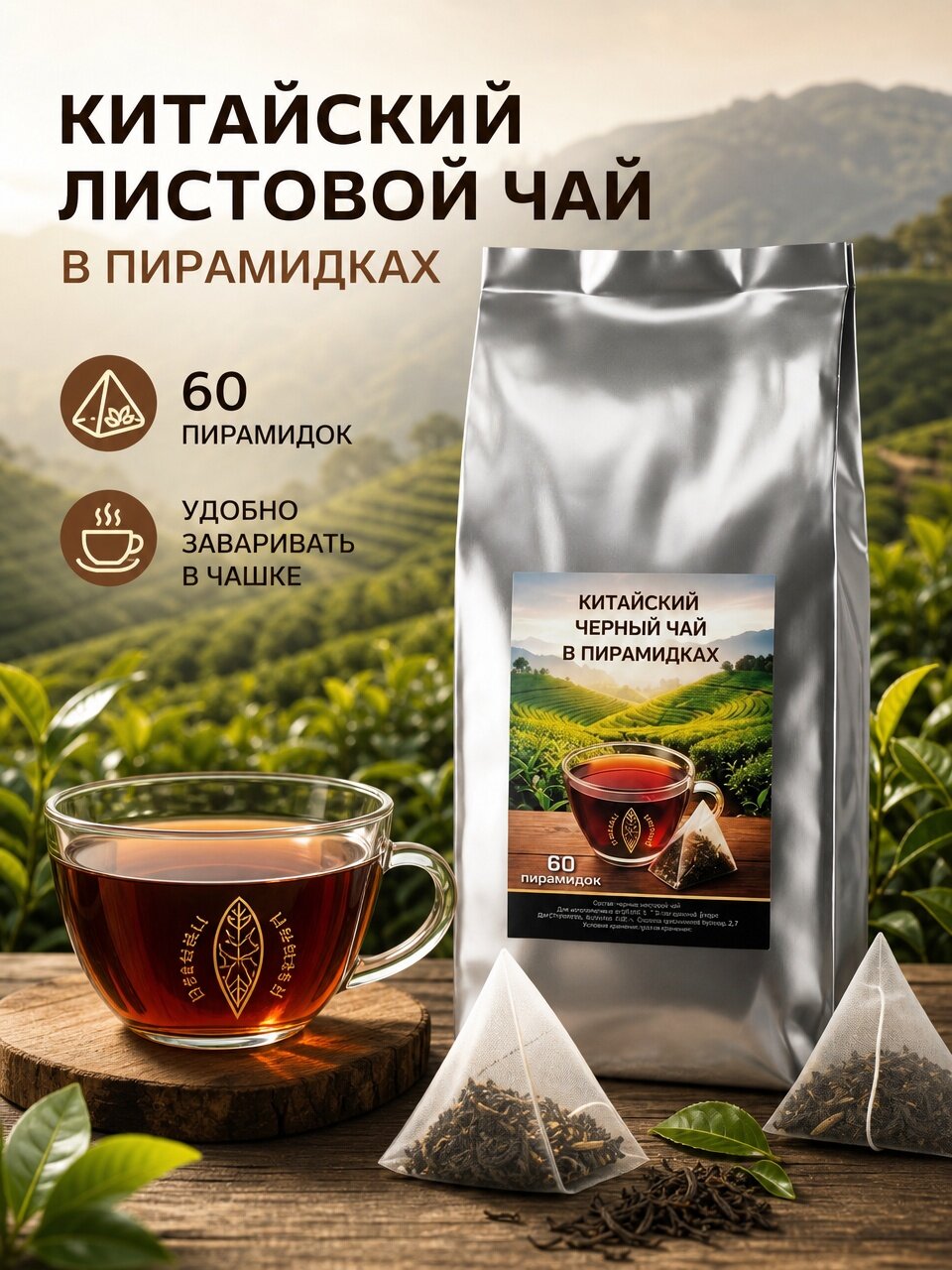 Китайский черный чай маочай в пирамидках (60 пирамидок)