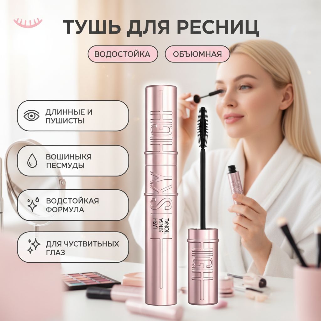 Водостойкая тушь для ресниц, объемная, удлиняющая, гибкая щеточка, 9 мл, для чувствительных глаз
