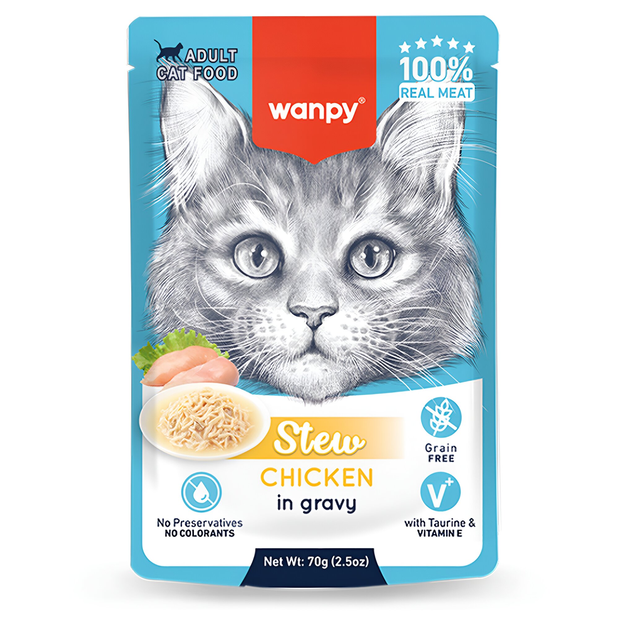 Дополнительный консервированный корм Wanpy Cat для кошек, курица в собственном соку, паучи, 5 шт х 70 гр