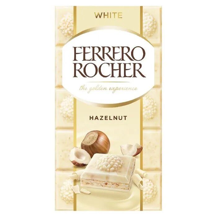 Ferrero Rocher White Hazelnut Шоколад белый с фундуком 90 г - Нежный белый шоколад с ореховой начинкой