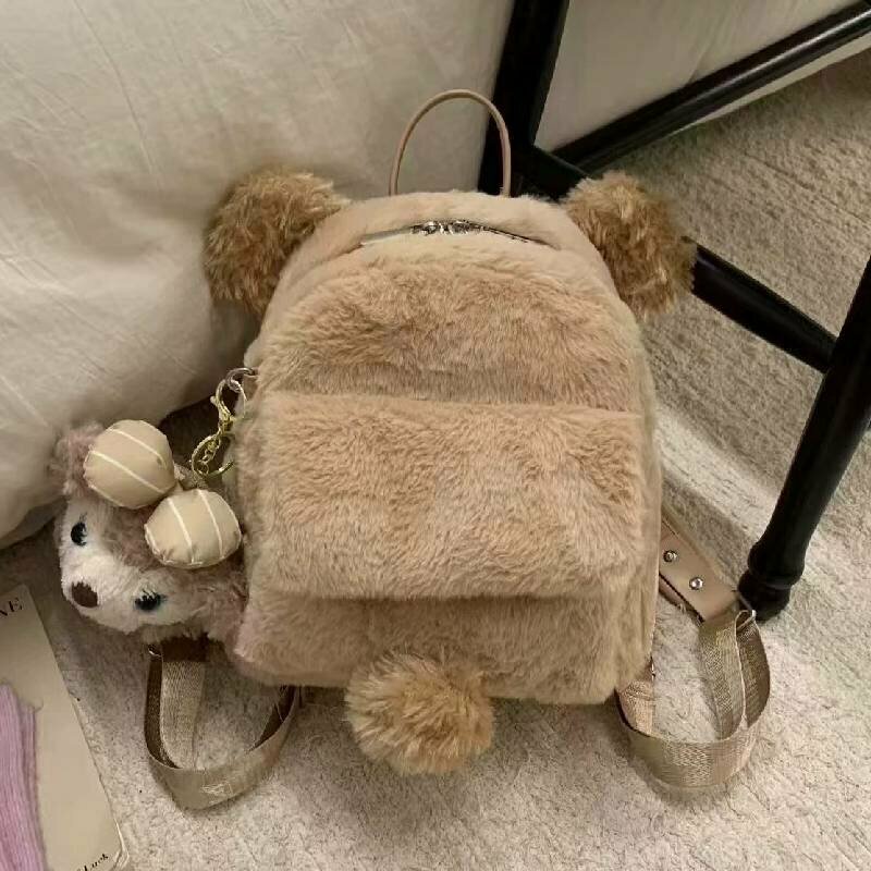 Backpack duffy bear cartoon, for women and men, adjustable arched straps small storage space, brown