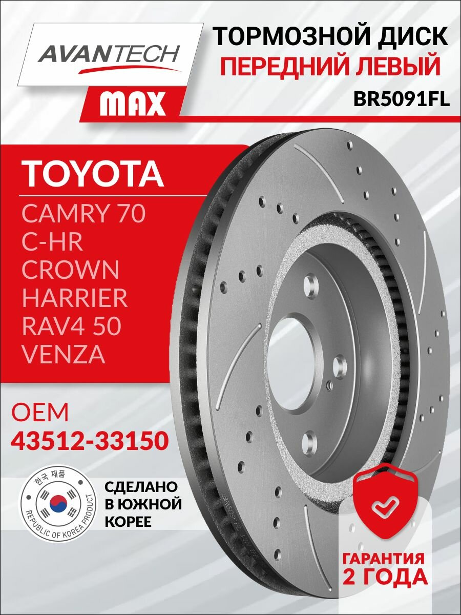 Тормозной диск передний Камри 70 перфорированный левый (ОЕМ 4351233150) AVANTECH MAX BR5091FL