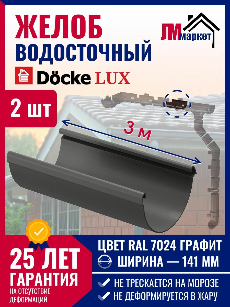 Водосточный желоб Docke, 3 м х 2 шт, серия Lux цвет графит, сток воды с крыши, элемент водосточной системы деке Премиум, серый