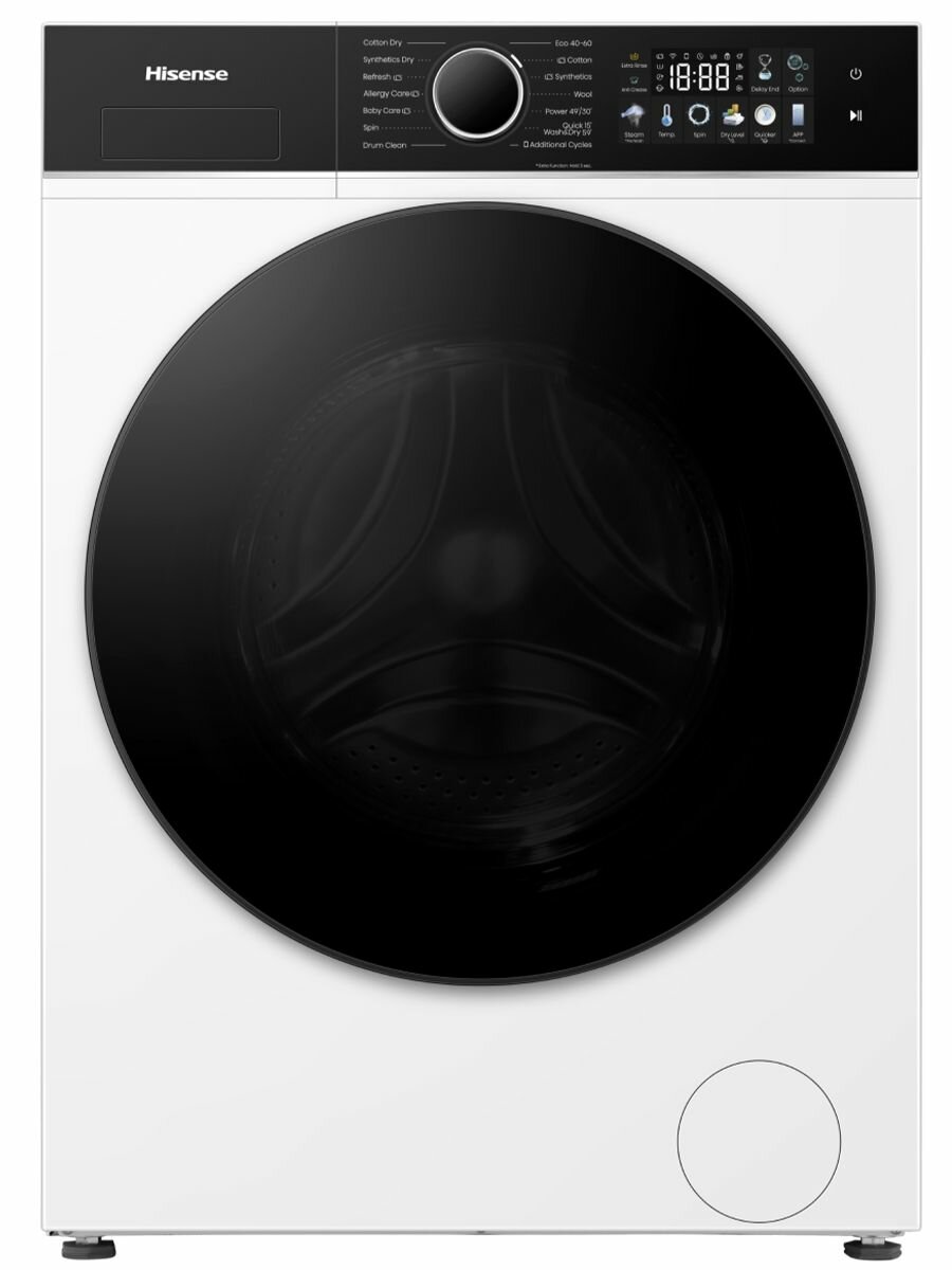 Стирально-сушильная машина Hisense WD3I8043BWF2, 8/5 кг, 1400 об/мин, 18 программ, инверторный мотор, функция пара, Wi-Fi управление, белый