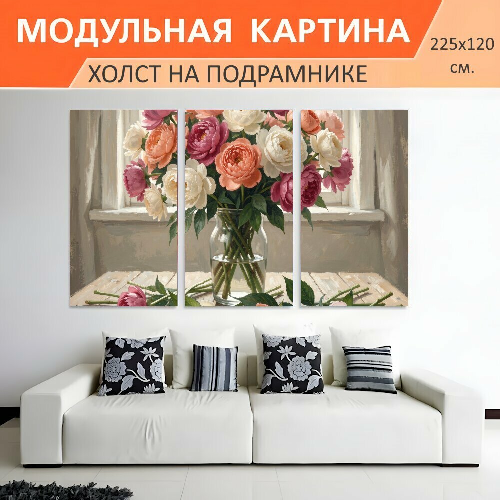 Модульная картина на холсте "Букет ранункулюсов у окна. Нежная цветочная композиция в стеклянной вазе на деревянном столе, с." триптих на подрамнике 225х120 см. для интерьера